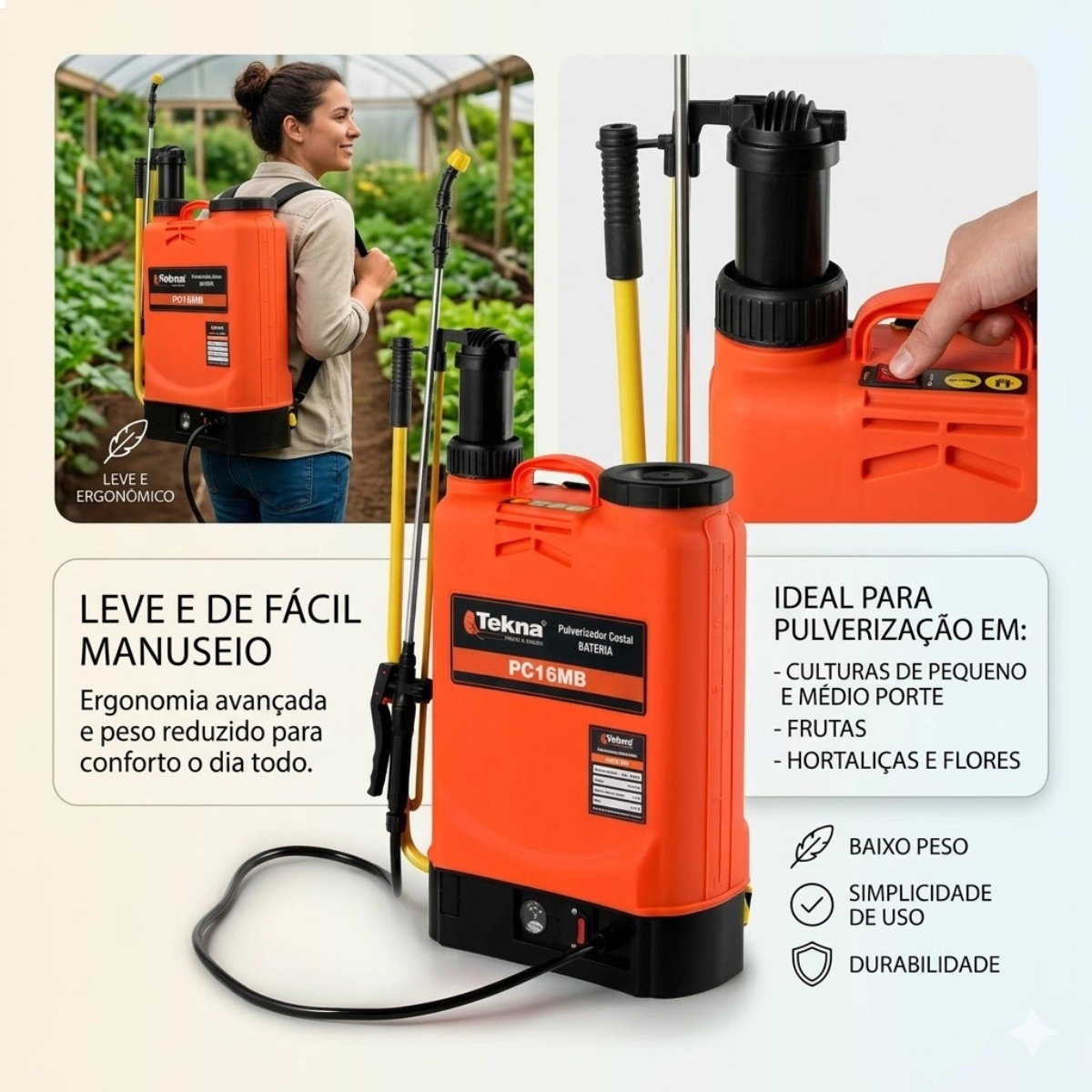 PULVERIZADOR COSTAL TEKNA PC16MBTK TANQUE 16 LITROS BOMBA MANUAL